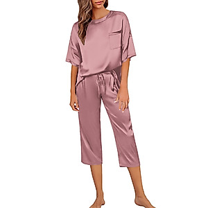 SWOMOG Womens 2 Piece Satin Pajamas Silk Short Sleeve Pjs Sets Capri Bottom Pajama Pants Loose Outfit with Pockets Misty Rose Medium