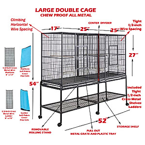 54" Large Double 3-Levels Small Animals Critters Wrought Iron Chew Proof Cage Center Slide Out Divider Tight 1/2-inch Bar Spacing Removable Rolling Stand Ferret Squirrel Chinchilla Rat Mouse