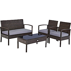 Moccha 4-Piece Patio Rattan Furniture Set, Outdoor Wicker Conversation w/ Padded Cushion & Coffee Table, Bistro Sofa Set w/ Tempered Glass Tabletop for Outdoor Indoor Patio Poolside Backyard, Brown