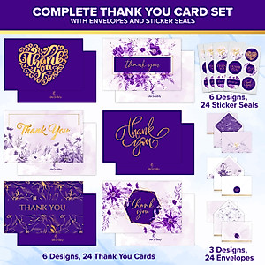 Decorably Thank You Cards with Envelopes & Stickers, Gold-Foiled Cards, 24 Pack Purple Thank You Cards with Envelopes Purple, Blank Inside Thank You Cards Purple, 6x4in Purple and Gold Thank You Cards