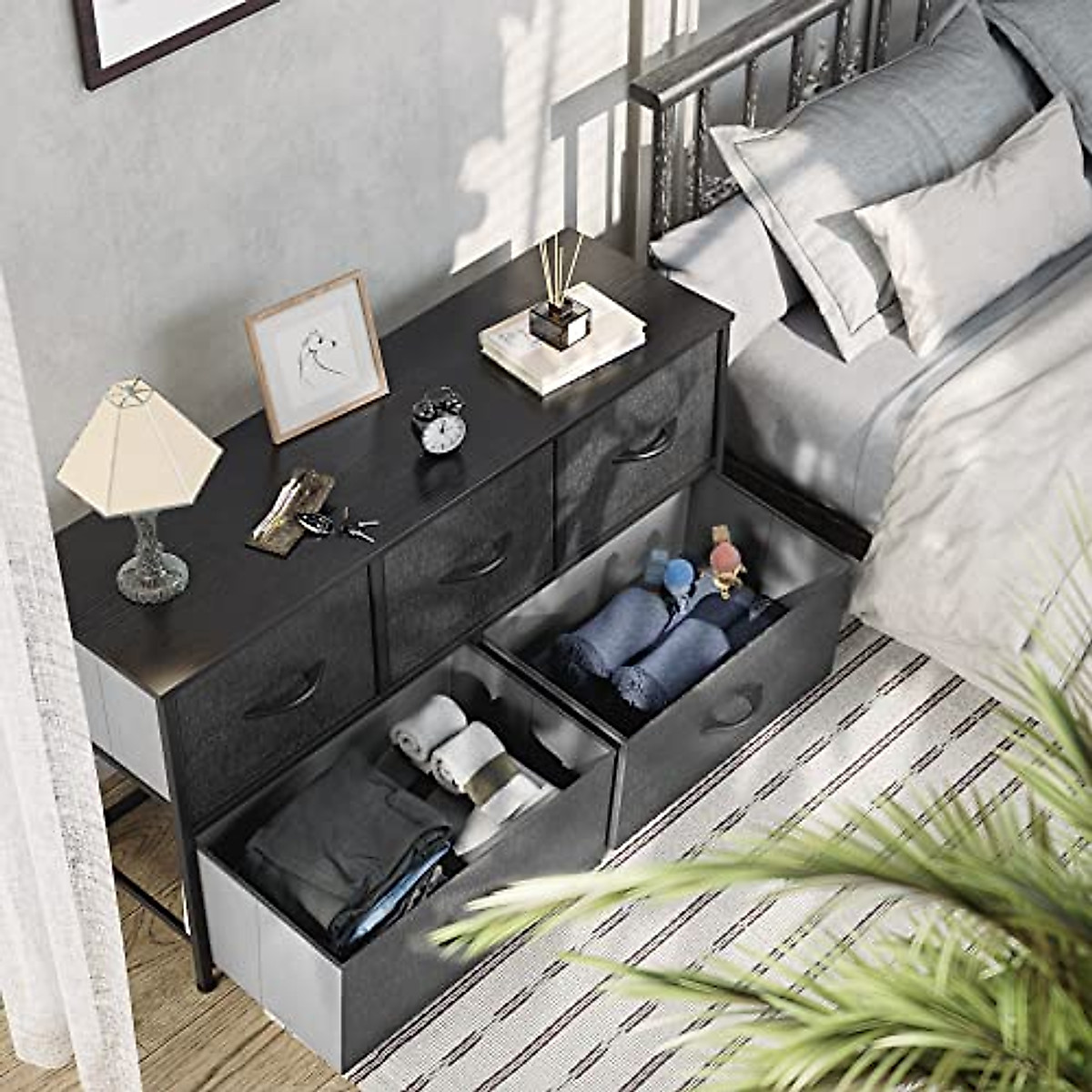 YITAHOME Wide Storage Tower with 5 Drawers - Fabric Dresser, Organizer Unit for Bedroom, Living Room, Closets & Nursery - Sturdy Steel Frame, Easy Pull Fabric Bins & Wooden Top (Black/Grey)