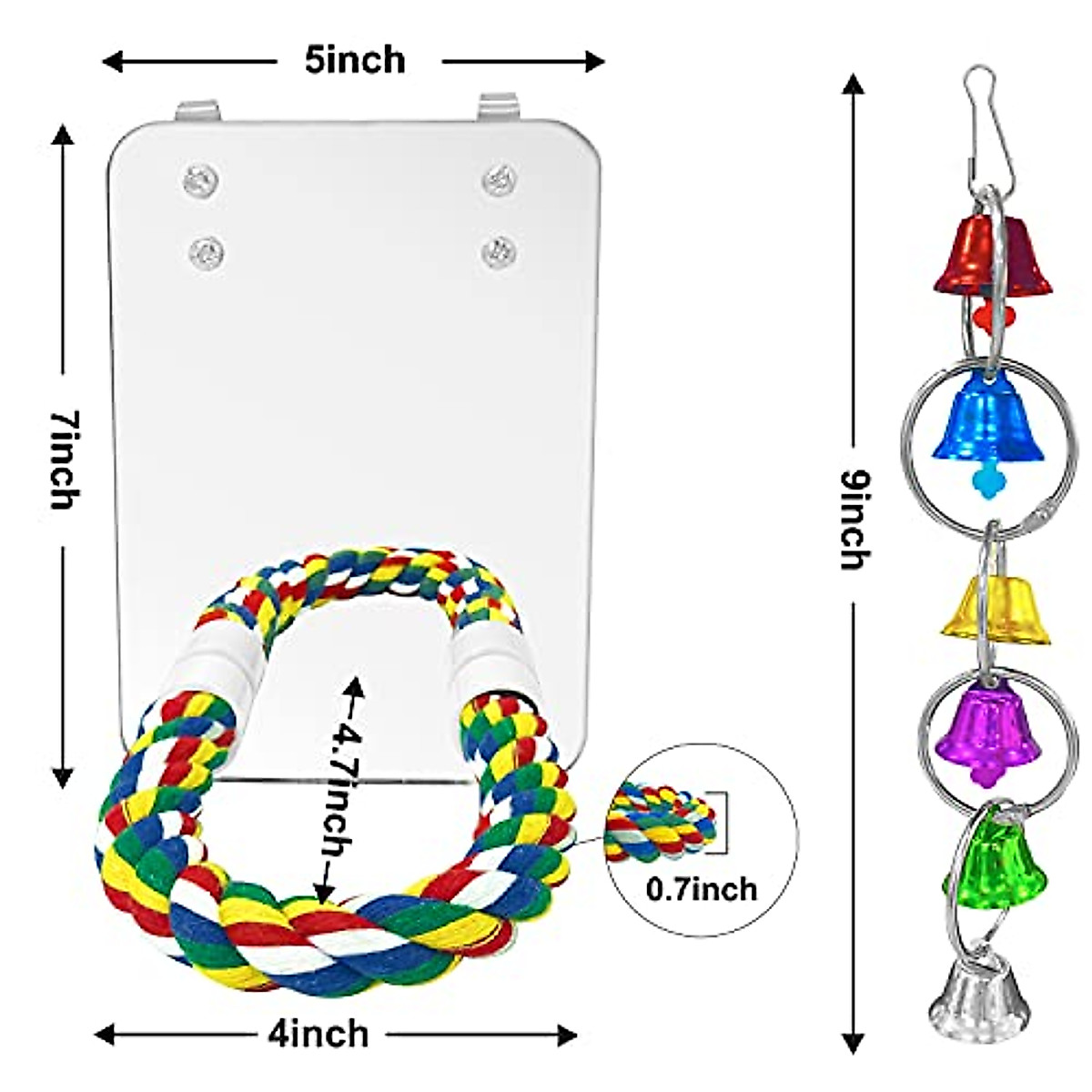 Eeaivnm 7 Inch Pet Bird Mirror Swing Parrot Cage Toys with Rope Perch, Parrot Parakeet Mirror with Bird Swing Bell Toys for Parakeet Cockatoo Cockatiel Conure Lovebirds Finch Canaries