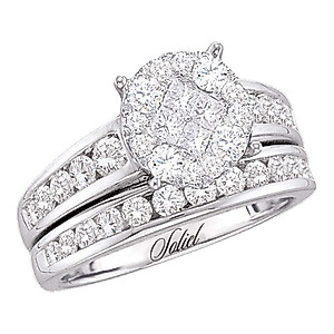 Size - 4 - 14k White Gold Diamond Ladies Womens Bridal Engagement Ring with Matching Wedding Band Two 2 Ring Set Invisible Solitaire Style Center Setting with Side Stones Channel Set Princess and Round Cut Diamond Ring 10mm (1.0 cttw)