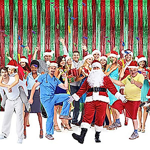 Sumind 3 Pack Metallic Tinsel Curtains, Foil Fringe Shimmer Curtain Door Window Decoration for Birthday Wedding Party (Red with Green)