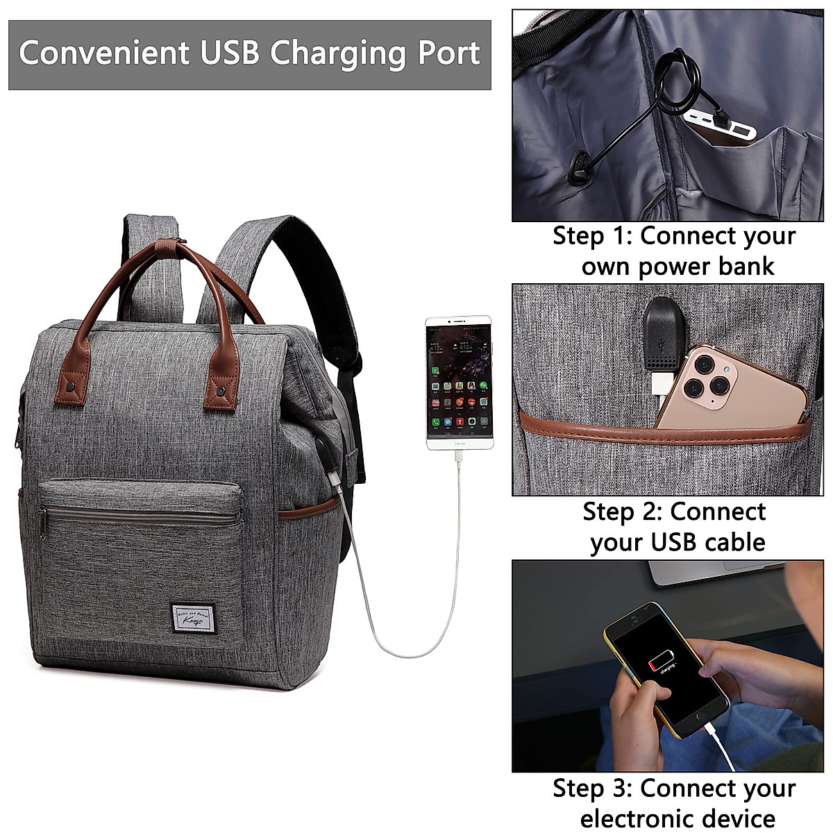 Laptop Backpack for Women, Kasqo 15.6 Inch Teacher Backpack Nurse Bags Work Backpack Purse Waterproof Anti-Theft Travel Backpack with USB Charging Port, Grey