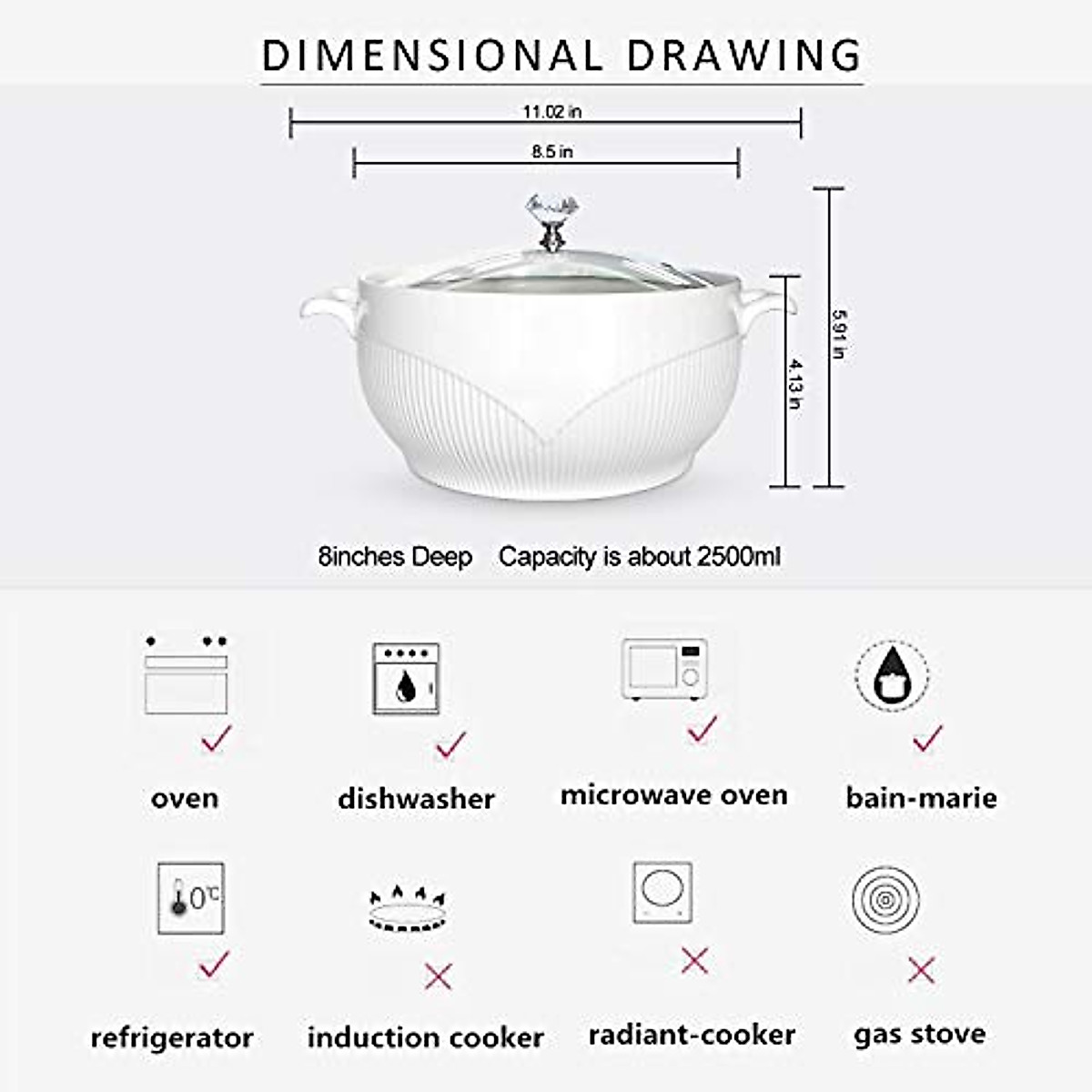 ABHOME Ceramic Soup Tureen with Glass Lid Porcelain Serving Tureen Soup for Restaurant Home Kitchen Decoration Cute Ceramic Covered Tureens for Soup, White Porcelain (8.58 in)