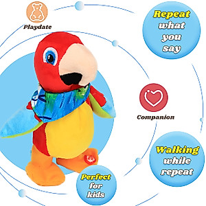 Hopearl Talking Parrot Repeats What You Say Walking Electric Interactive Animated Toy Speaking Plush Buddy Gifts for Toddlers Birthday Festival Holiday, 8''