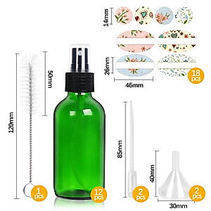 STARSIDE 12 Pack 120 ml 4oz Green Glass Spray Bottles with Fine Mist Sprayer & Dust Cap for Essential Oils, Perfumes,Cleaning Products.Included 1 Brush,2 Funnels,2 Droppers & 18 Labels.