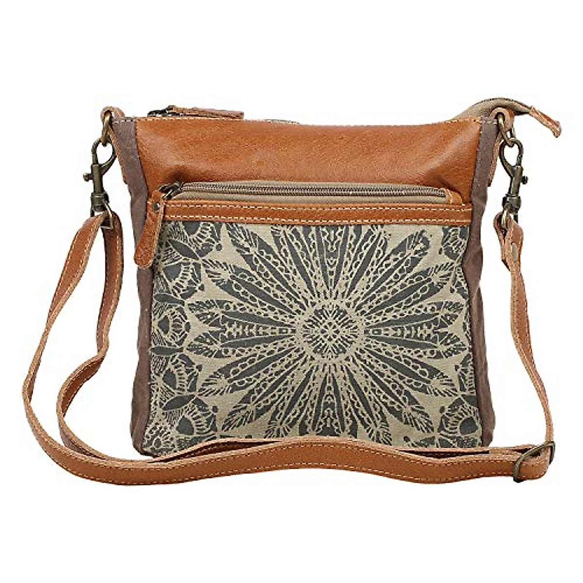 Myra Bag Dizzy Circle Upcycled Canvas & Leather Small Crossbody Bag S-1556, Brown,