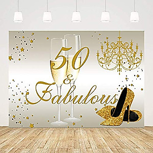 MEHOFOND Happy 50th Birthday Backdrop for Women 50th Birthday Decoration Banner Gold High Heels and Champagne Fabulous 50th Birthday Photography Background Studio Props Banner Vinyl 7x5ft