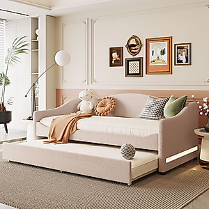 Merax Upholstered Daybed, Twin Size Teddy Fleece Sofa Bed with Trundle & LED Lights for Bedroom, Wood Slat Support, No Box Spring Needed, Easy Assembly, Beige