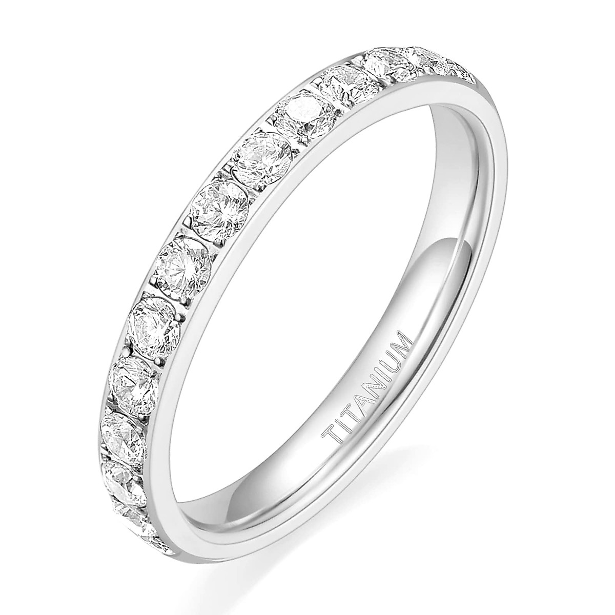 TIGRADE 3mm Women Titanium Engagement Ring Half Cubic Zirconia Eternity Wedding Band Size 3-13, Silver, Size 7