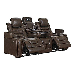Signature Design by Ashley Game Zone Faux Leather Adjustable Power Reclining Sofa with Cup Holders and Storage, Brown