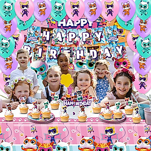 Super Cat Birthday Party Supplies - Super Cartoon Kitty Birthday Decorations with 18X Balloons, Birthday Banner, Tablecloth, Cake Topper, 12X Cupcake Toppers, 10X Plates, Backdrop for Fans Kids