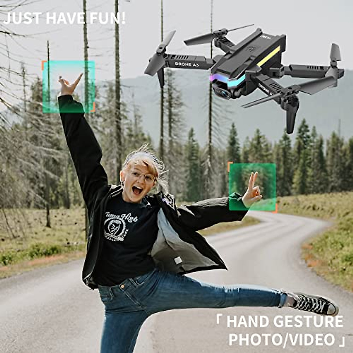 RiskOrb Mini LED Drone with 720P HD Dual Camera for Kids/Teens/Adults,360° Flips,Trajectory Flight,Hand Gesture Photo/Video,Toys Gifts for Boys Girls Beginners, A3 Foldable RC Quadcopter, 2 Batteries