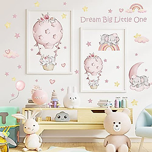 Dream Big Little One Elephant Wall Stickers Pink Hot Air Balloon Stars Wall Decals Baby Girl Room Decor for Nursery Peel and Stick Wall Decoration for Bedroom