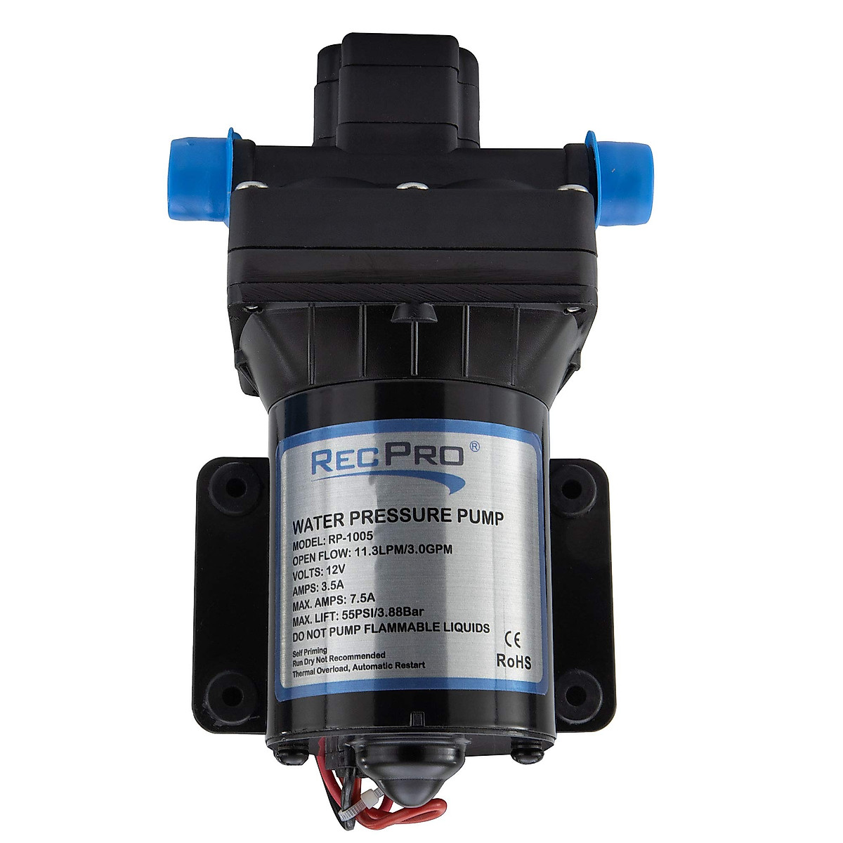 RecPro RV 4 Chamber Water Pump | Quiet Running | 12V DC | 45 PSI | 8.0AMP | Self Priming (With Strainer, No Silencer)