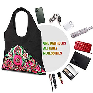 Embroidered Canvas Shoulder Bag Vintage Boho Ethnic Handbag Totes Travel Beach Bag (Black 2)