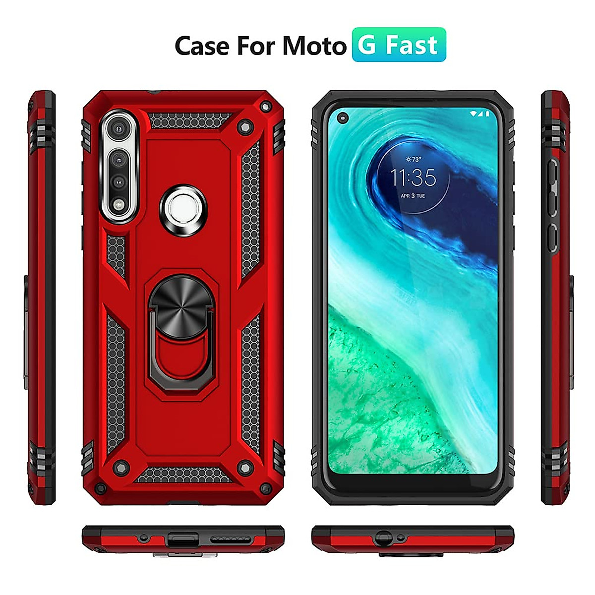 YZOK Compatible with Moto G Fast case,with HD Screen Protector,[Military Grade] Ring Car Mount Kickstand Hybrid Hard PC Soft TPU Shockproof Protective Case for Motorola Moto G Fast (Red)