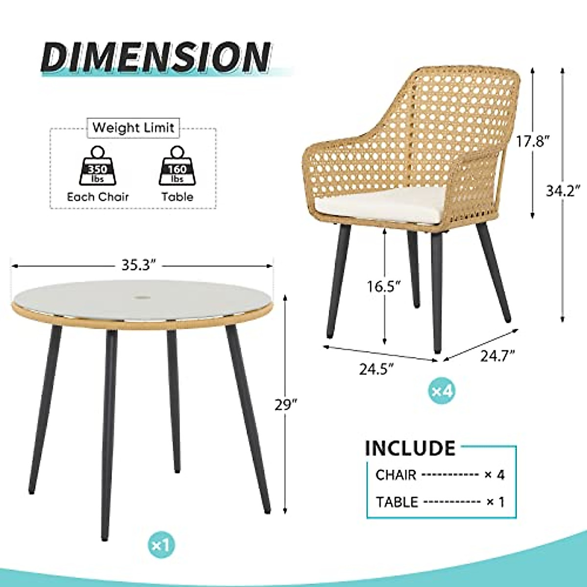 Verano Garden 5 Pieces Outdoor Dining Set, Patio Wicker Dining Chairs and Round Table Set for 4, Rust-Resistant Steel Frame Dining Set W/Umbrella Hole for Backyard, Porch, Garden, Lawn