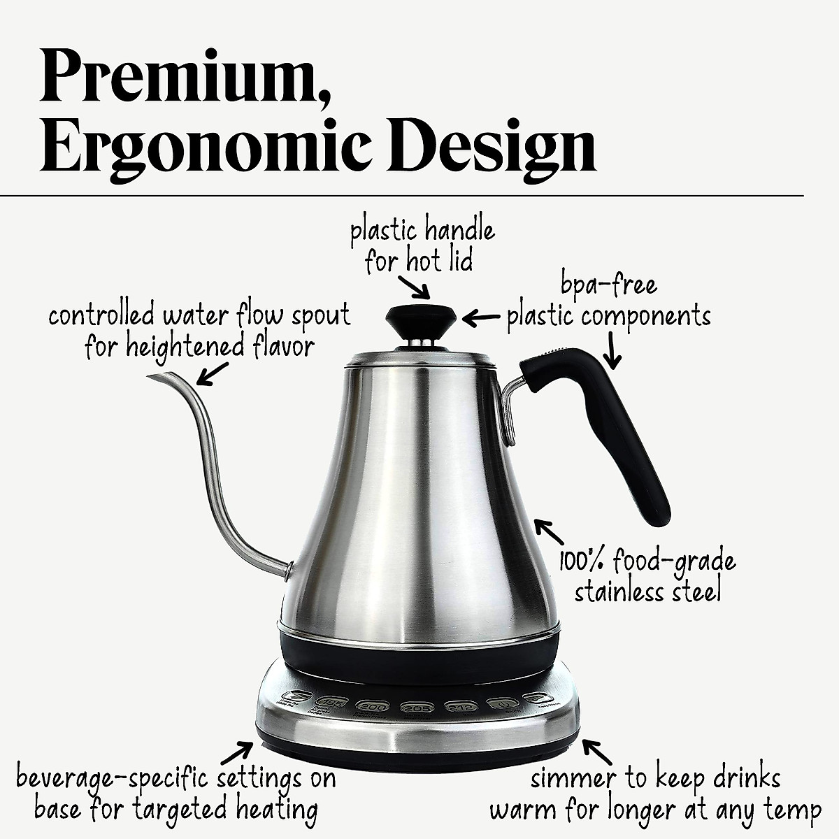 Gooseneck Electric Kettle with Temperature Control & Presets - 1L, Stainless Steel - Tea & Pour Over Coffee Kettle