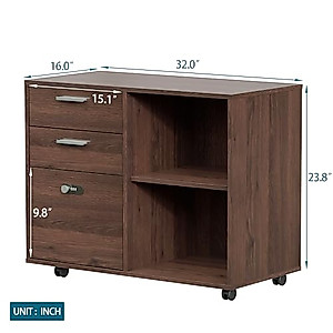 Wood File Cabinet with Coded Lock, File Cabinet for Home Office, Office Storage Cabinet with 3 Drawers and Open Storage Shelves, Filing Cabinet with Wheels, Brown Oak