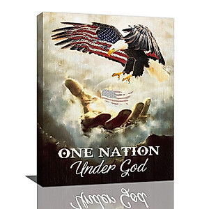 Yudchen Bald Eagle Wall Art American Flag Pictures Wall Decor Rustic Christian Eagle Canvas Prints Painting Home Decor Patriotic Framed Artwork for Living Room Bedroom Office Ready to Hang 12''x16''