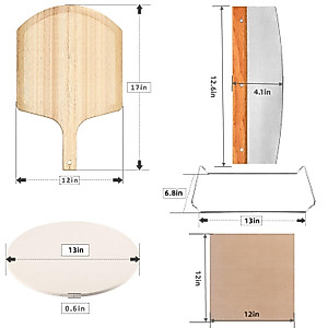 5 PCS Round Pizza Stone Set, 13" Pizza Stone for Oven and Grill with Pizza Peel(OAK),Serving Rack, Pizza Cutter & 10pcs Cooking Paper for Free, Baking Stone for Pizza, Bread