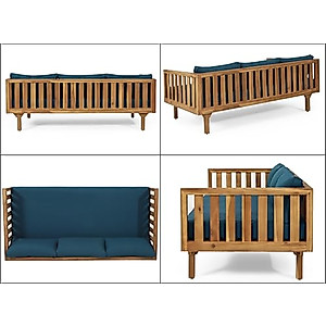 Merax Outdoor 3 Seater Daybed, Acacia Wood Day Bed Couch Sofa with Cushions for Patio Backyard, Garden, Blue