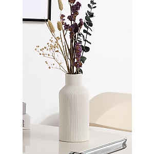 White Ceramic Flower Vase, Minimalist Modern Home Decor, Small Pampas Grass Vases for Table, Shelf Bookshelf, Mantel, Entryway and Centerpieces (8 in)