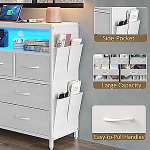 CollaredEagle 7 Drawer Dresser with Charging Station, TV Stand Fabric Storage Tower for Bedroom,Storage Drawers with LED, Wooden Top for TV up to 43 inch, for Bedroom, Living Room, Entryway, White