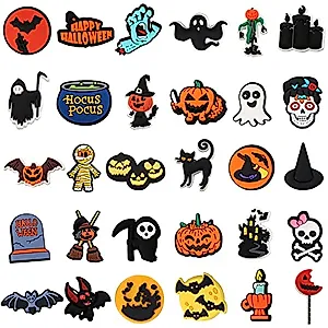 Mortd Halloween Theme Shoe Decor Charms, 30PCS Pumpkin Witch Ghost Bat Shoe Charms for Shoe Wristband Clog Sandals Halloween Decor, PVC Shoe Charm Accessories for Halloween Party Favor Birthday Gifts