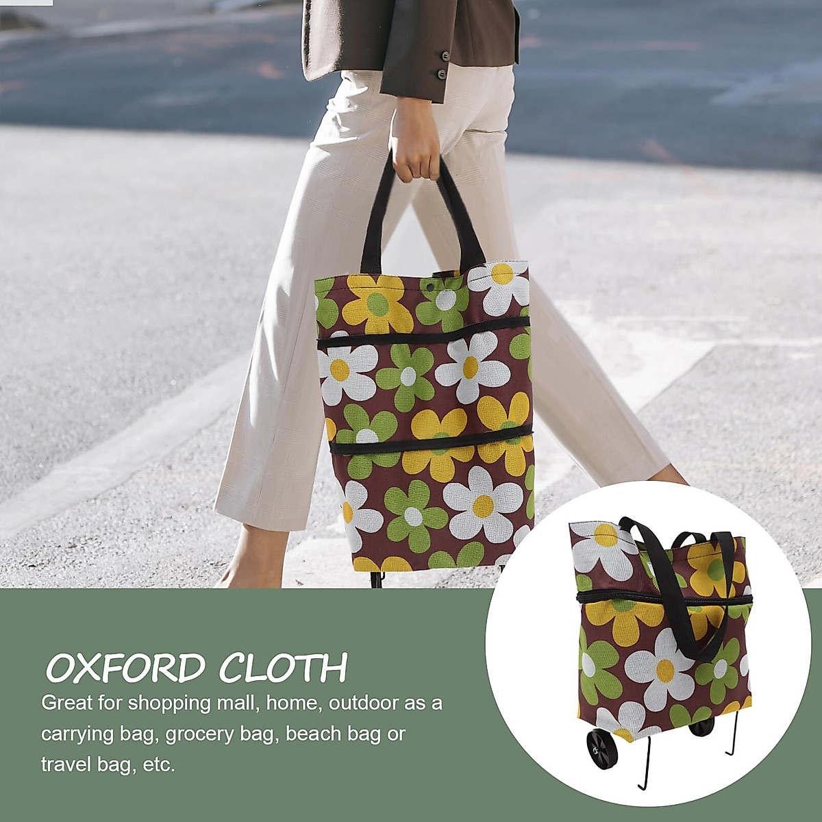 Tofficu Foldable Shopping Cart Trolley Folding Shopping Bag Portable Sunflower Pattern Bag with Wheels Collapsible Food Bag for Shopping Travel