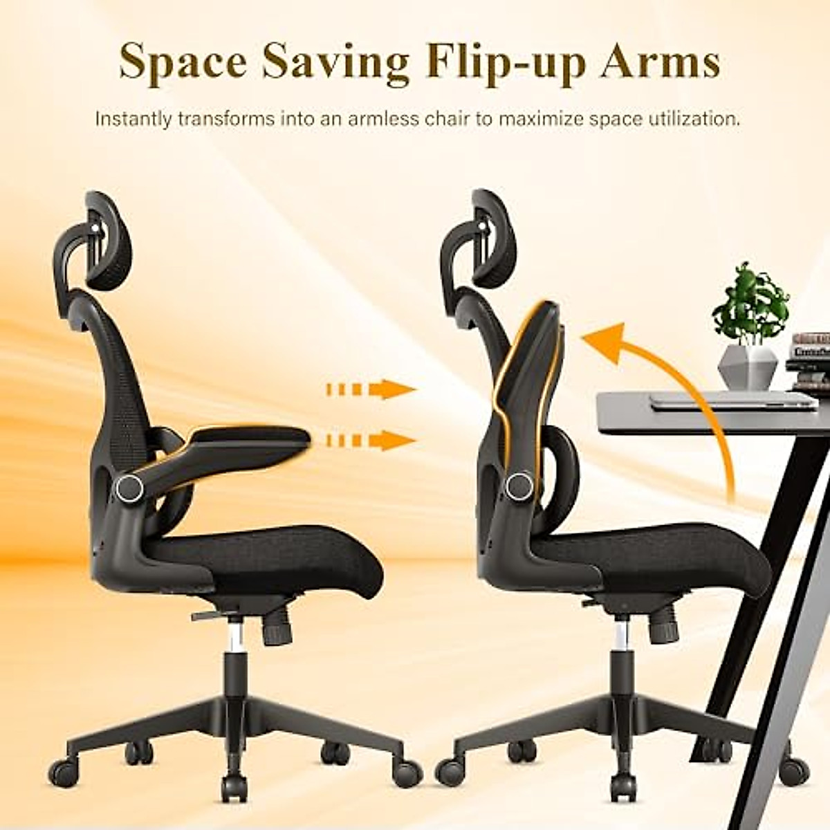 SUNNOW Ergonomic Office Chair, Comfy Mesh Desk Chair, High Back Computer Gaming Chairs with Adjustable Lumbar Support, Flip-Up Arms, Headrest, Tilt Function, Wide Cushion, Swivel Wheel, BIFMA Quality