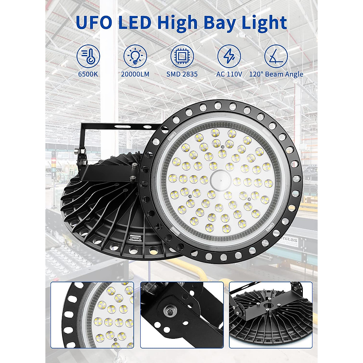 6 Pack LED High Bay Light|200W 20000LM UFO LED High Bay Light|6500K Daylight LED Shop Light|IP65 Waterproof LED Commercial Warehouse Area Light|LED Garage Light for Garage Gym Factory Warehouse