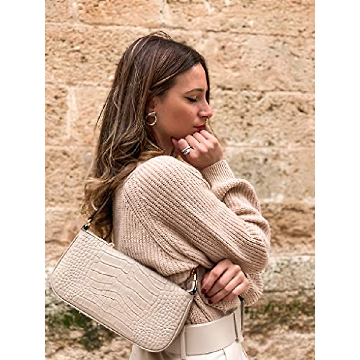 YALUXE Clutch Shoulder Tote Crocodile Genuine Leather Croc Retro Purse Handbag Zipper Closure for Women Classic