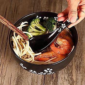 WHJY Black Ceramic Bowl with Lid, Spoon, Chopsticks for Soup, Rice, Noodles. Japanese Traditional Style Tableware.