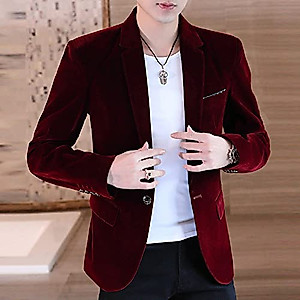 Men Vintage Velvet One Button Blazer Lightweight Solid Casual Sport Coat Single Breasted Slim Dinner Tuxedo Jacket (Red,X-Large)