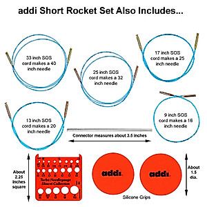 addi Click Rocket Lace Short 3.5-Inch Interchangeable Circular Knitting Needle Set Sizes US 4, 5, 6, 7, 8, 9, 10 and 11 with 5 Blue Cords, Brown Canvas Case with Project Bag