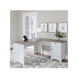 Bush Furniture Salinas L-Shaped Desk with Storage | Study Table with Drawers & Cabinets | Home Office Computer Desk in Pure White and Shiplap Gray