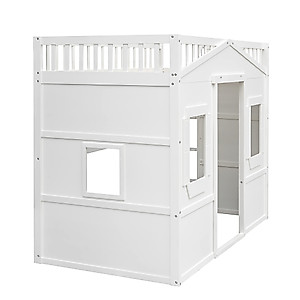 Twin House Loft Bed Frame for Kids, Wood Twin Loft Bed with Windows and Guardrail, Playhouse Bed, Twin Size Loft Bed for Boys & Girls, No Box Spring Needed, Underbed Height is 51 Inches, White