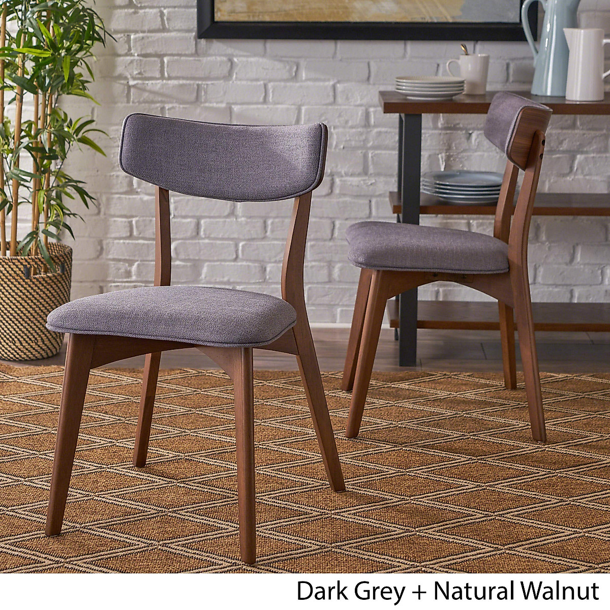 Christopher Knight Home Abrielle Mid-Century Modern Fabric Dining Chairs with Natural Walnut Finished Rubberwood Frame, 2-Pcs Set, Dark Grey / Natural Walnut