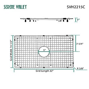Serene Valley Sink Bottom Grid 22" X 14-1/2", Centered Drain with Corner Radius 3/8", Sink Protector SVH2215C