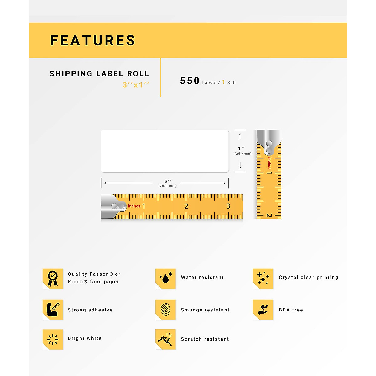 HOUSELABELS 3" x 1" Multipurpose Labels on 0.75" Core Compatible with Zebra and Rollo Printers, 1 Roll / 550 Labels per Roll
