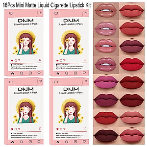 16Pcs Mini Matte Waterproof Liquid Cigarette Lipstick Set Kit, 16 Colors Litte Smoke Tube Red Matte Matt Velvet Lipstick Lip Gloss Stain Set for Women Girls Long Lasting 24 Matt Liquid Lipstick+Set