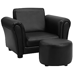 HONEY JOY Kids Couch with Ottoman, Child Size Sofa with Roundy Footstool, PU Leather, Anti-Slip Pad, Mini Toddler Toy Story Chair for Playroom Furniture (Black)