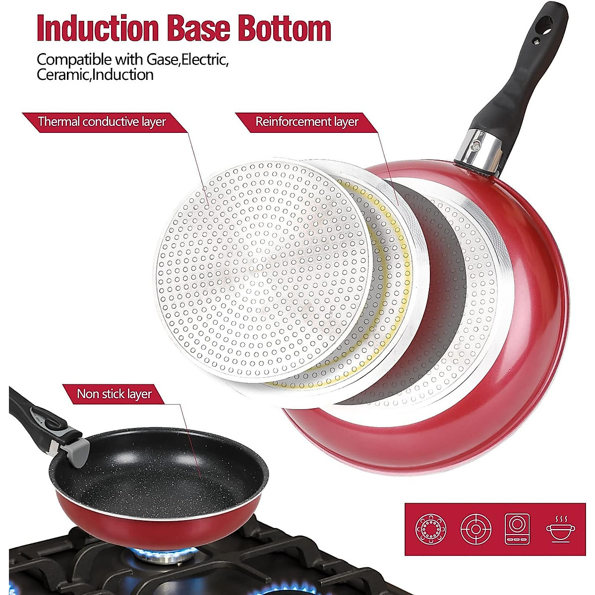 Motase 6pcs Pots and Pans Set, Nonstick Cookware Set Detachable Handle, Induction Kitchen Cookware Sets Non Stick with Removable Handle, RV Cookware Set, Oven Safe, Red