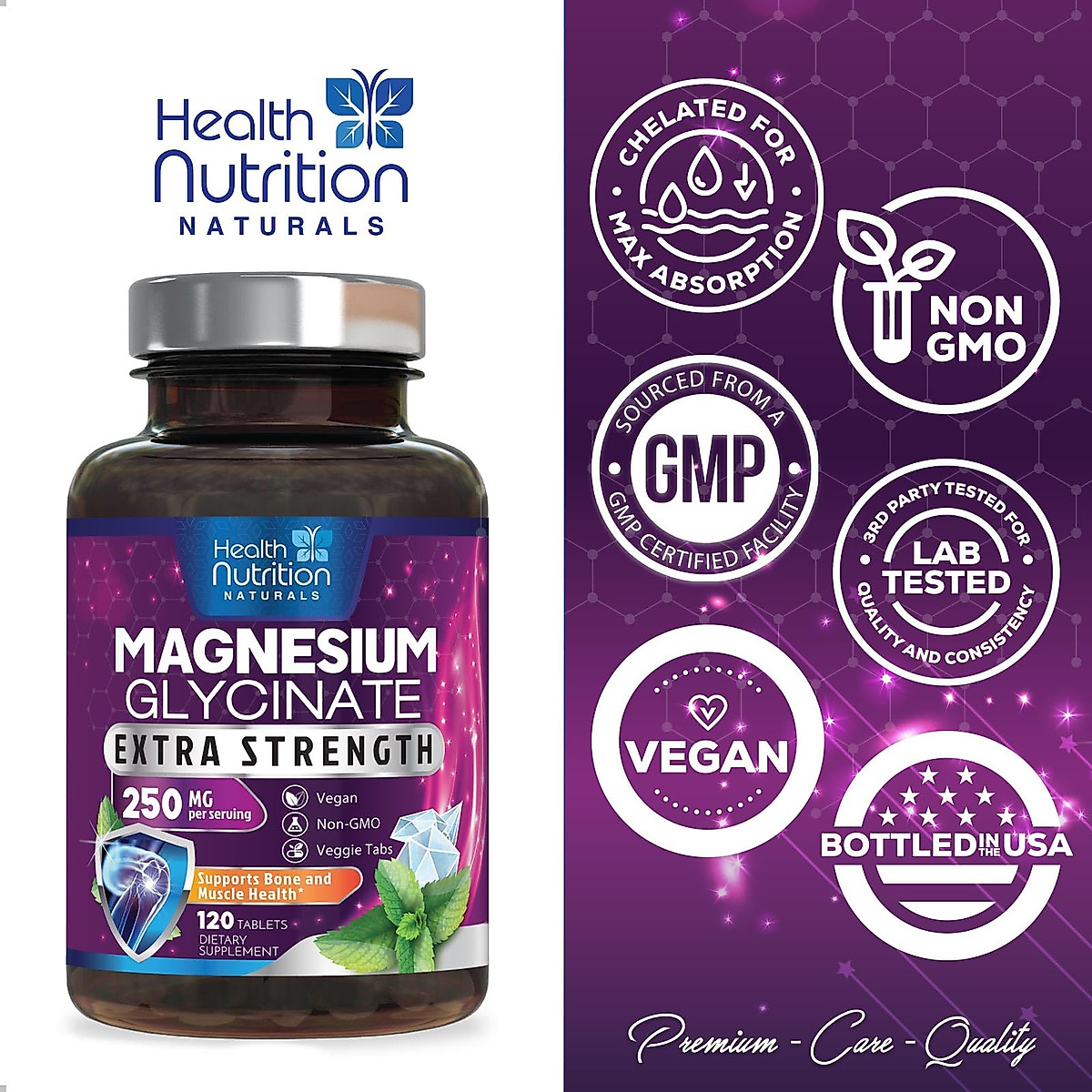 Magnesium Glycinate 250 mg - Natural, High Absorption Magnesium Tablets Chelated for Muscle, Nerve, Bone & Heart Health Support - Gentle Form, Non-GMO, Gluten Free, Vegan Supplement - 120 Tablets