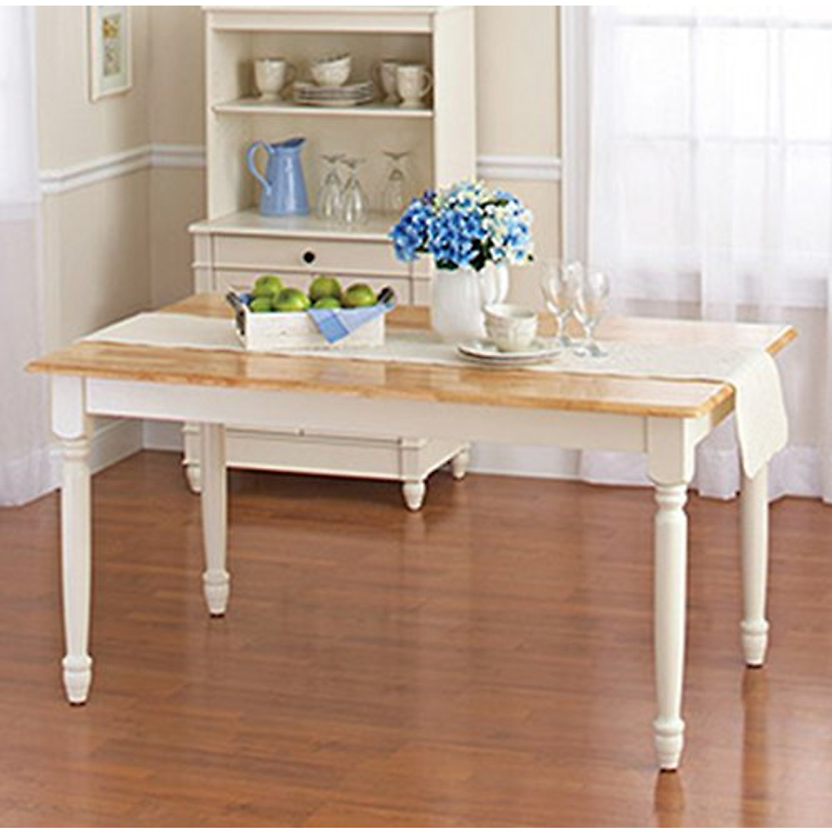 White Dining Room Set with Bench. This Country Style Dining Table and Chairs Set for 6 Is Solid Oak Wood Quality Construction. A Traditional Dining Table Set Inspired By the Farmhouse Antique Furniture Look.