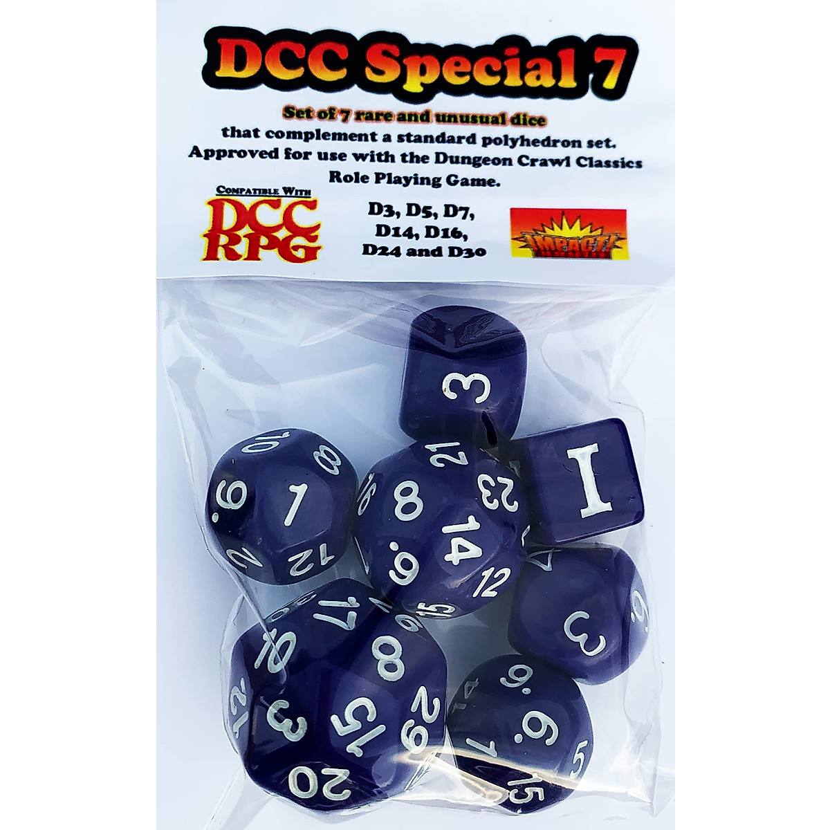 DCC Special 7 - Purple - Set of 7 Rare and Unusual RPG dice Approved for use with Dungeon Crawl Classics